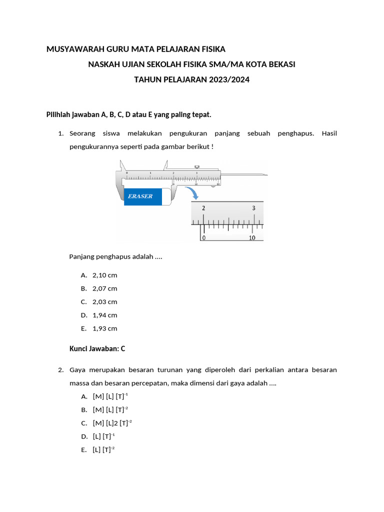 Naskah Soal Ujian Sekolah Fisika Sma Kota Bekasi 2023-2024 | PDF
