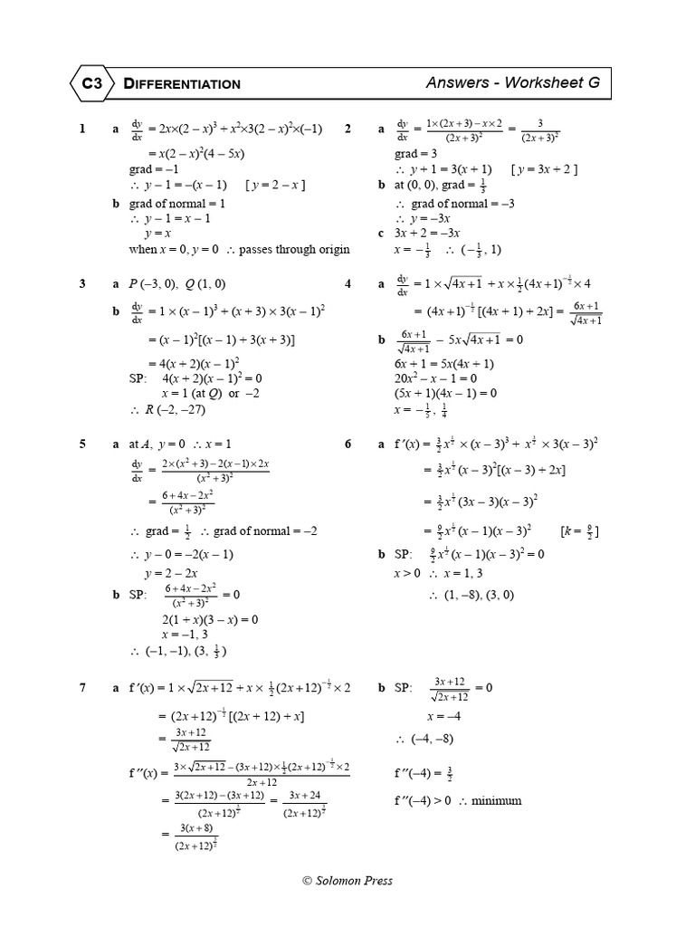 Worksheet G - Further Product and Quotient Rule Questions Solutions | PDF