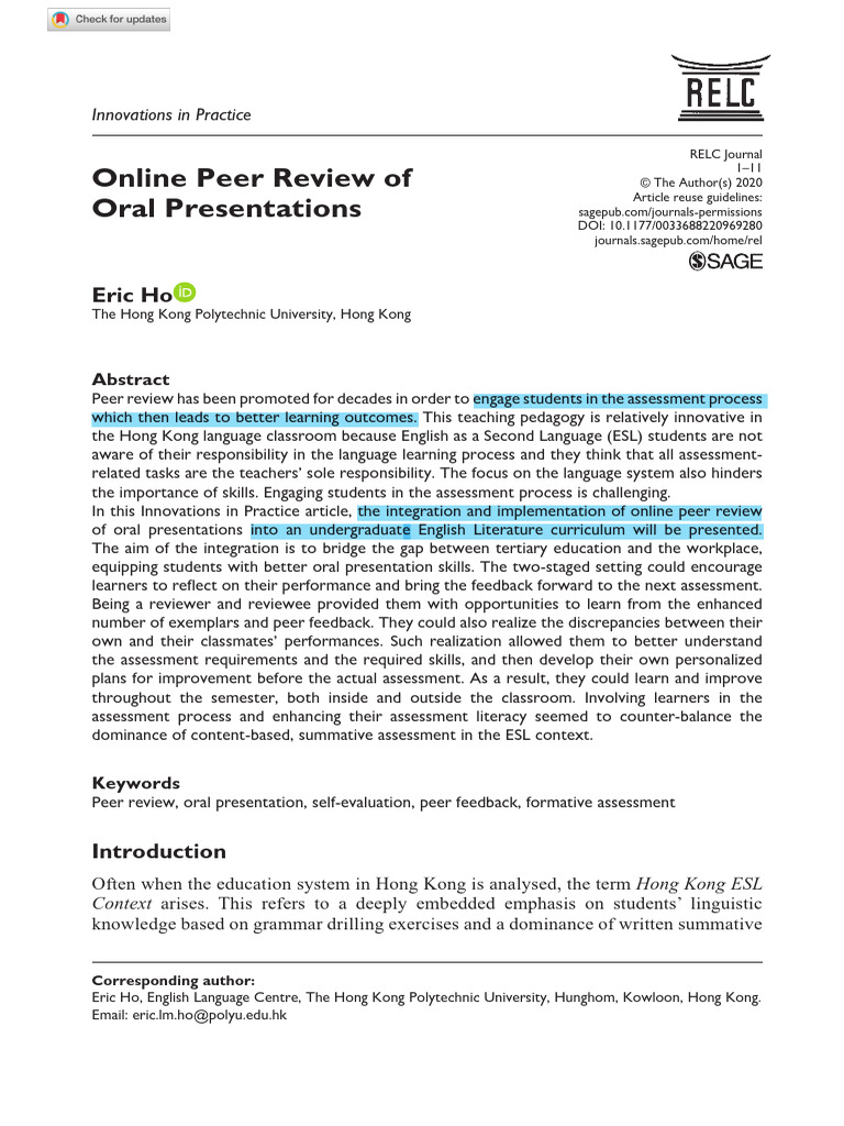 0 Online Peer Review of oral presentation | PDF | English As A Second ...