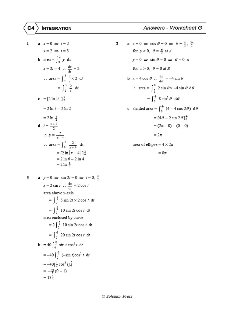 Worksheet G Parametric Integration Solutions Pdf Equations Coordinate System