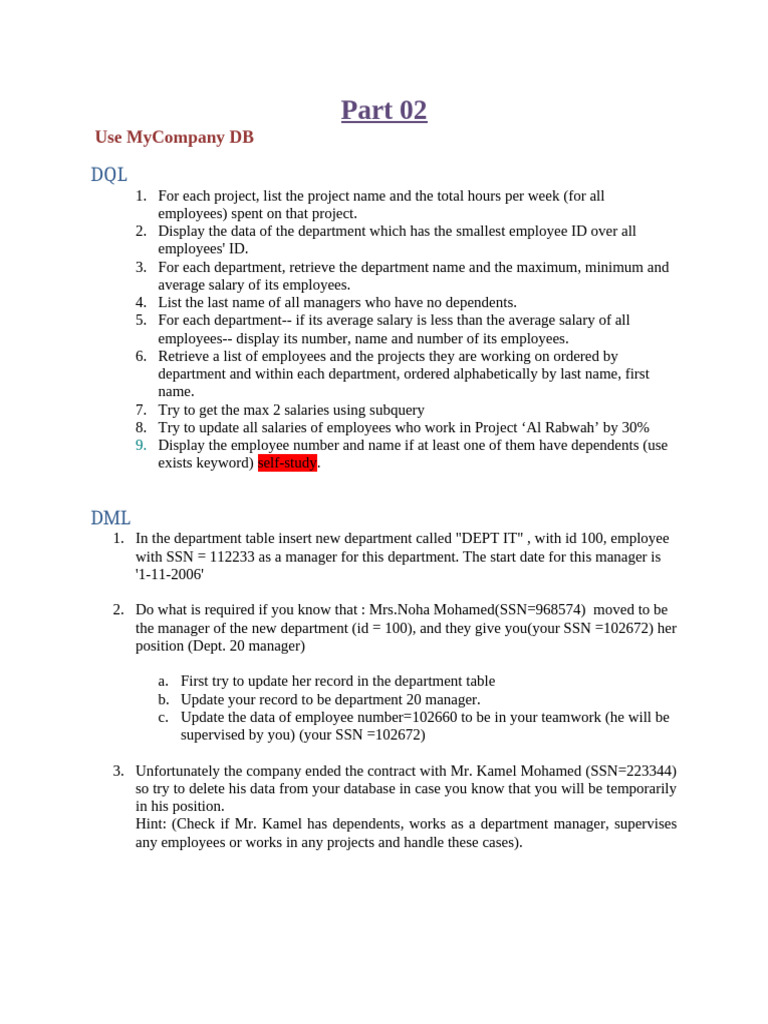 MyCompany DB DQL & DML Operations Guide | PDF