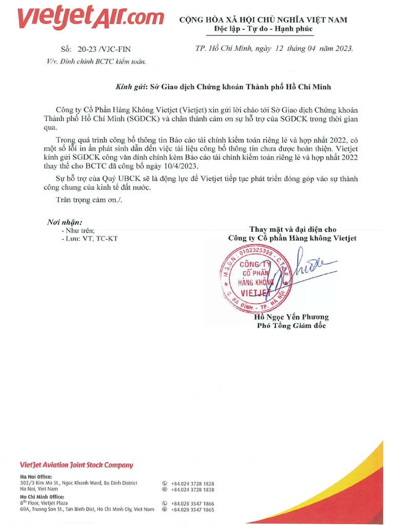 20230412_20230412 - VJC - BCTC Kiem Toan Hop Nhat Nam 2022-Dinh Chinh | PDF