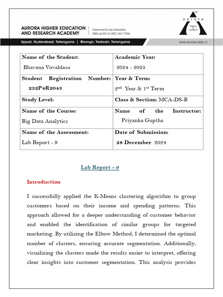 BDA LabReport-9 | PDF | Cluster Analysis | Data Analysis