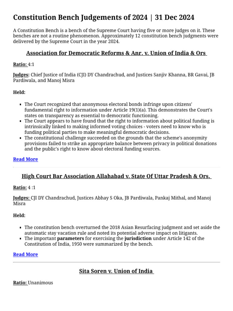 2024 Supreme Court Constitution Bench Rulings | PDF | Supreme Court Of ...