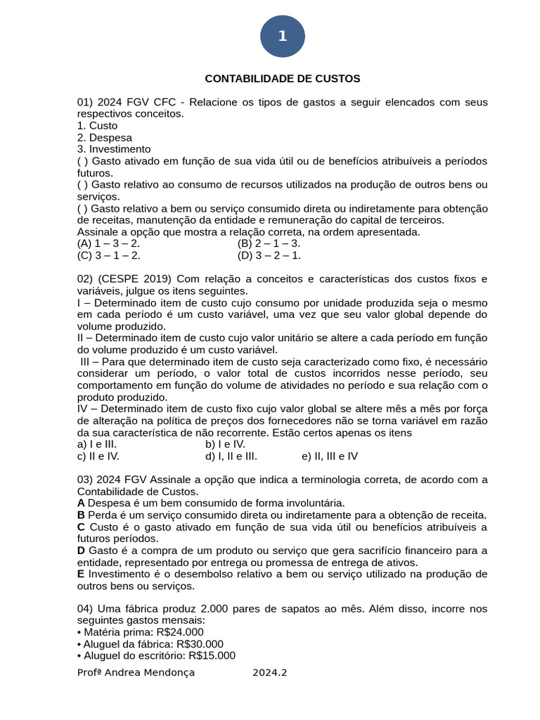 LISTA 2 DE CONTABILIDADE DE CUSTOS SEM RESPOSTAS | PDF | Despesa | Contabilidade