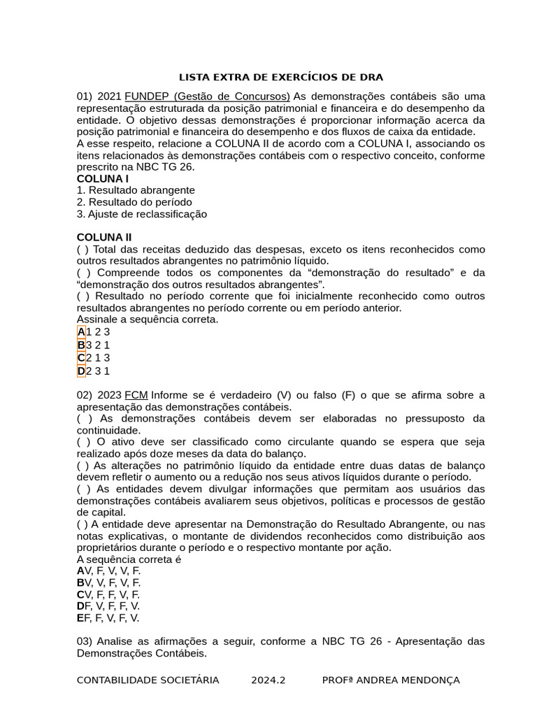 Lista Extra de Dra Sem Respostas | PDF | Contabilidade | Relatório anual