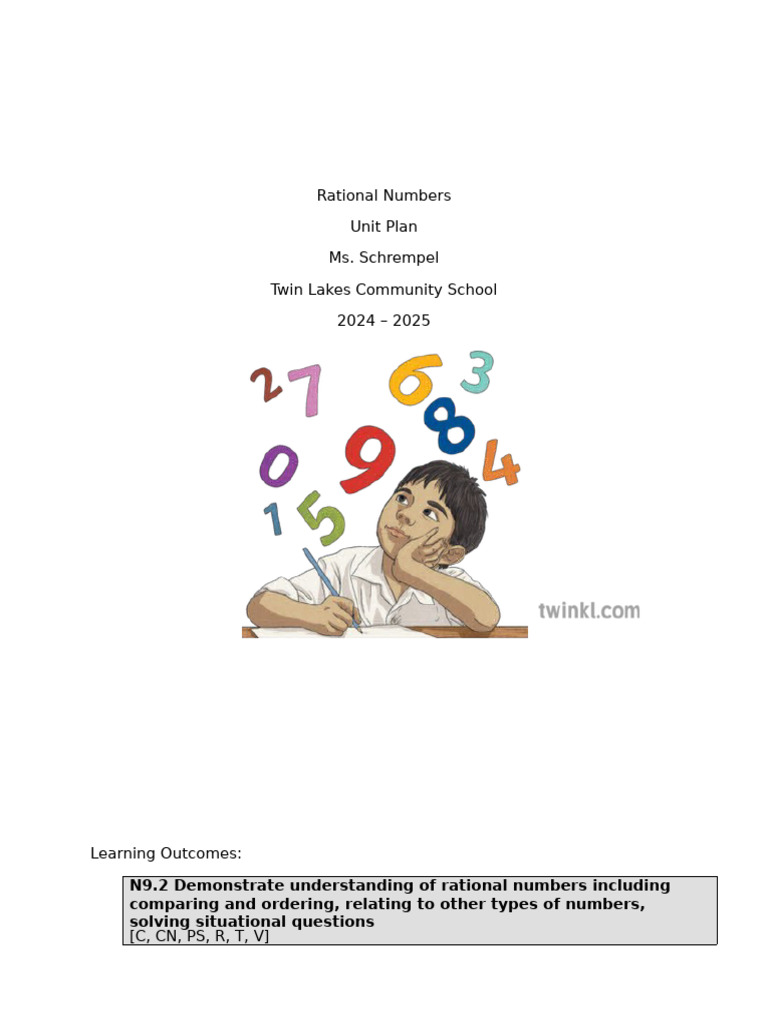 Rational Numbers Unit Plan | PDF | Subtraction | Multiplication