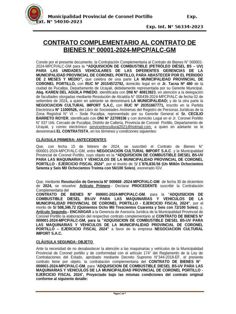 CONTRATO COMPLEMENTARIO AL CONTRATO DE BIENES 00001-2025. Contrato Complementario | PDF ...