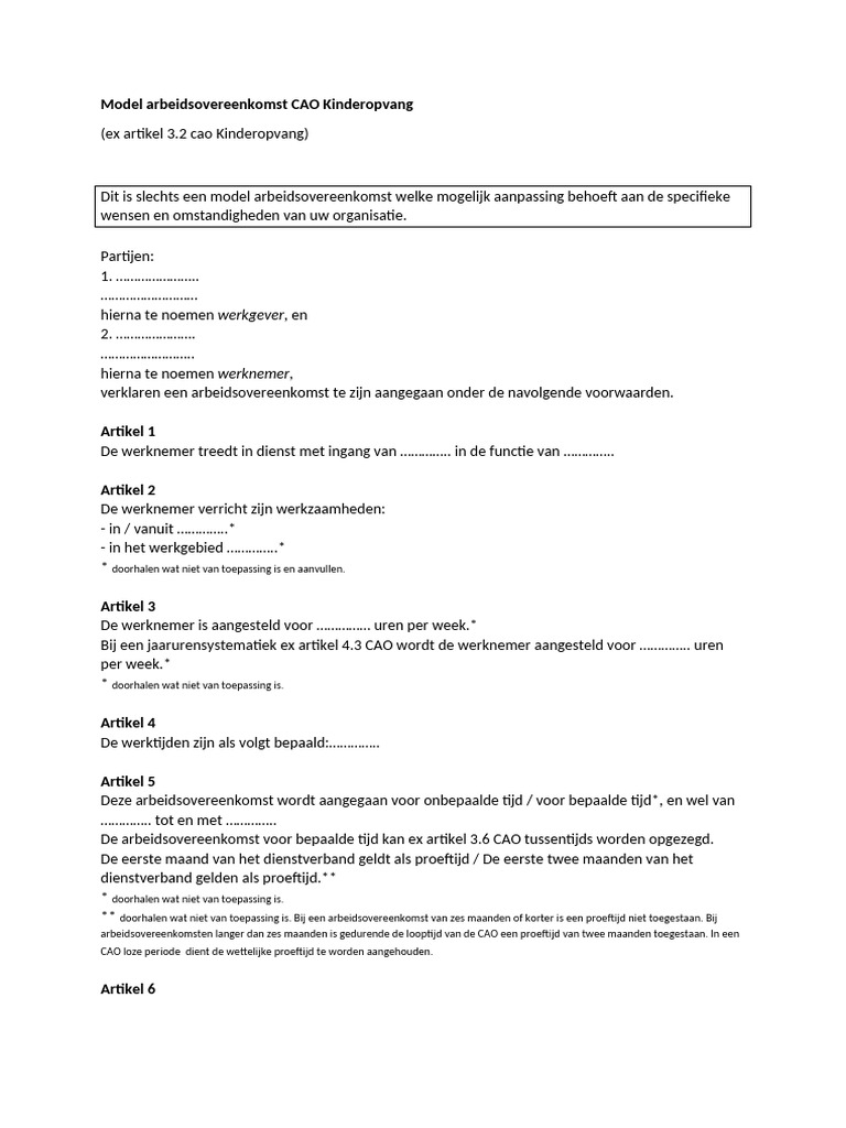 BMK Model Arbeidsovereenkomst Kinderopvang | PDF
