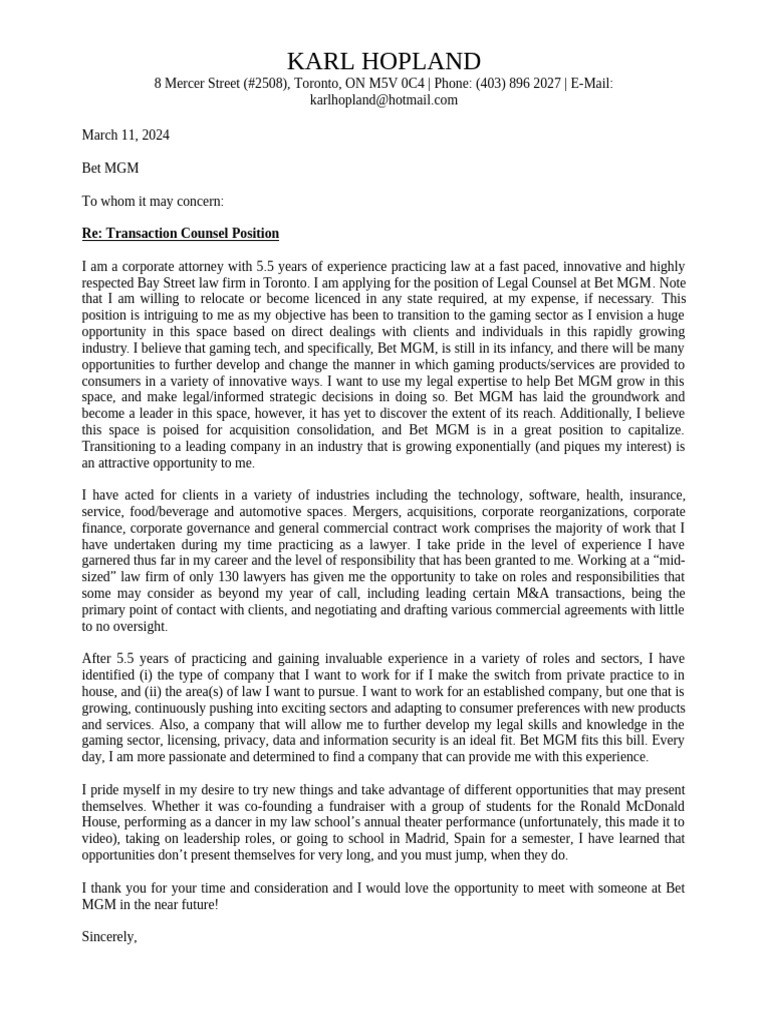 Legal Counsel Application for Bet MGM | PDF | Mergers And Acquisitions | Experience