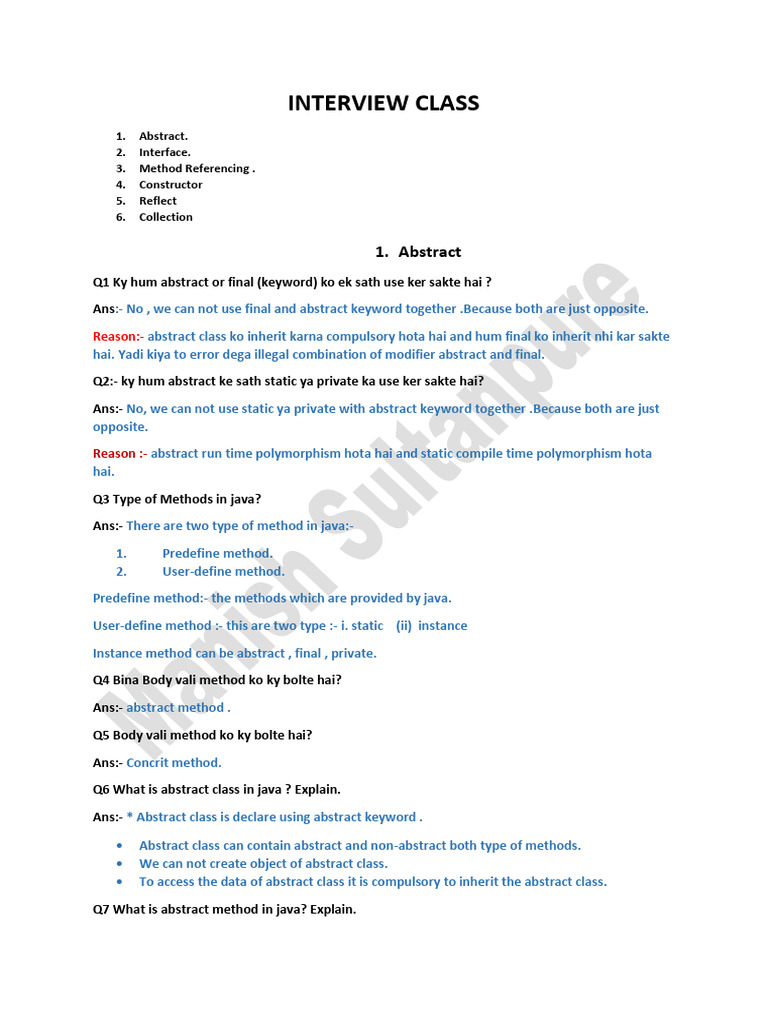 Interview Class: 1. Abstract. 2. Interface. 3. Method Referencing - 4. Constructor 5. Reflect 6 ...