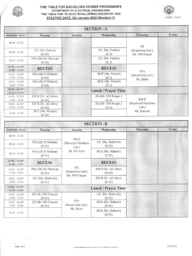 TE Timetable Electrical Spring-2025 Revision-I | PDF