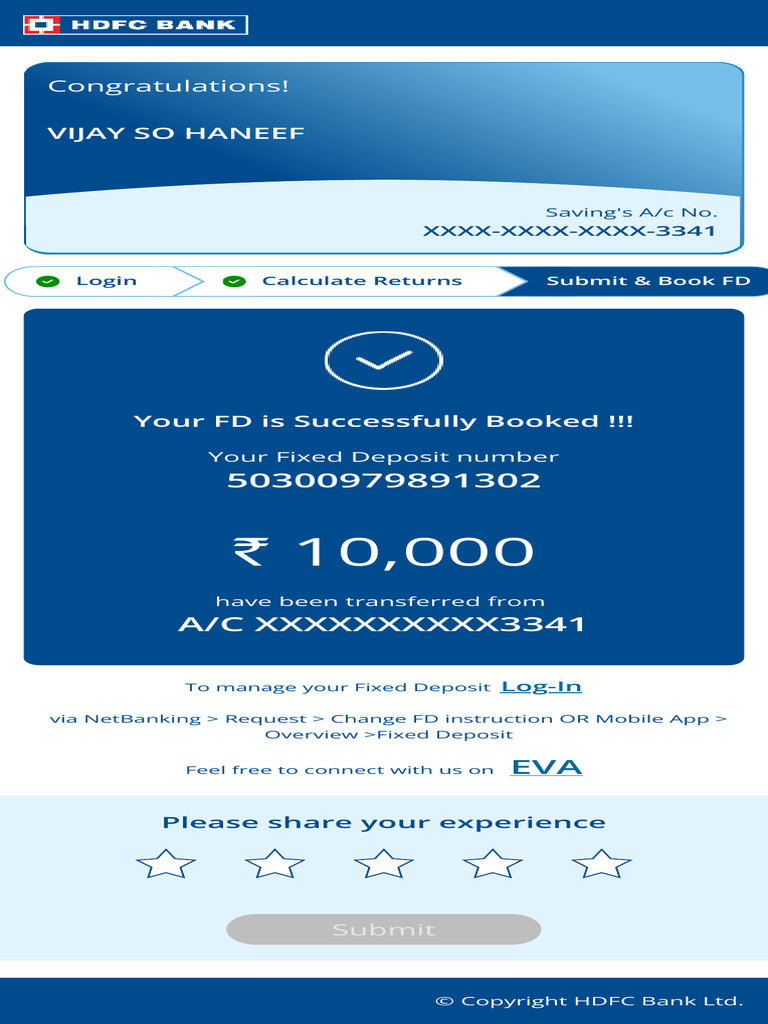 Open Fixed Deposit Account Online For Existing Customers HDFC Bank | PDF