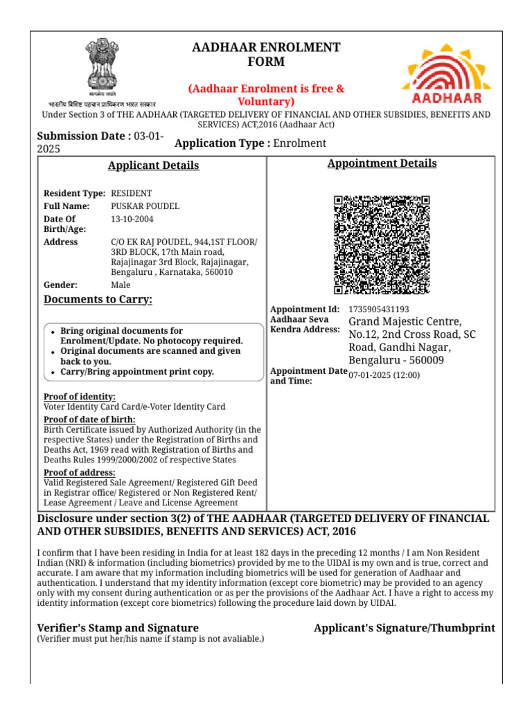 piskarpoudel aadhar appointment | PDF | Identity Document | Security Technology