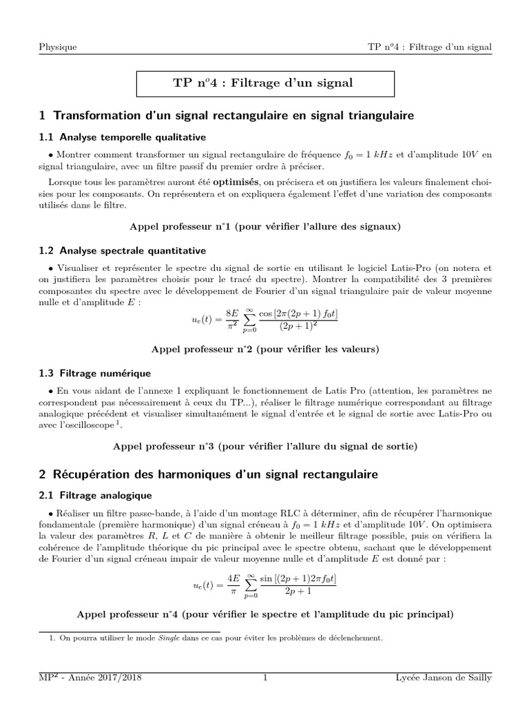 Filtrage de signaux : TP Physique 4 | PDF | Filtre (électronique ...