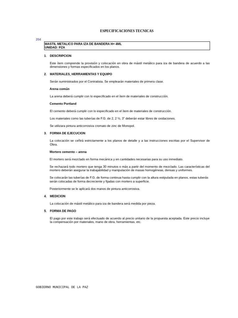 Mastil Metalico para Iza de Bandera H 4Ml Unidad: Pza 1. Descripcion | PDF