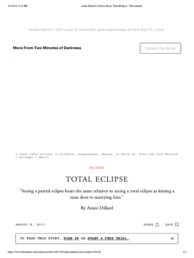 Annie Dillard's Classic Essay 'Total Eclipse' - The Atlantic | PDF | Writing