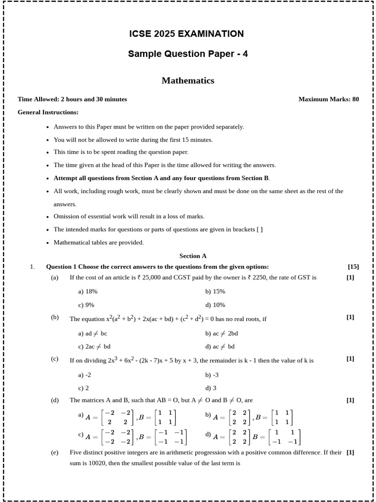 ICSE Class 10 Maths Specimen Paper 2025 | PDF | Triangle | Sphere