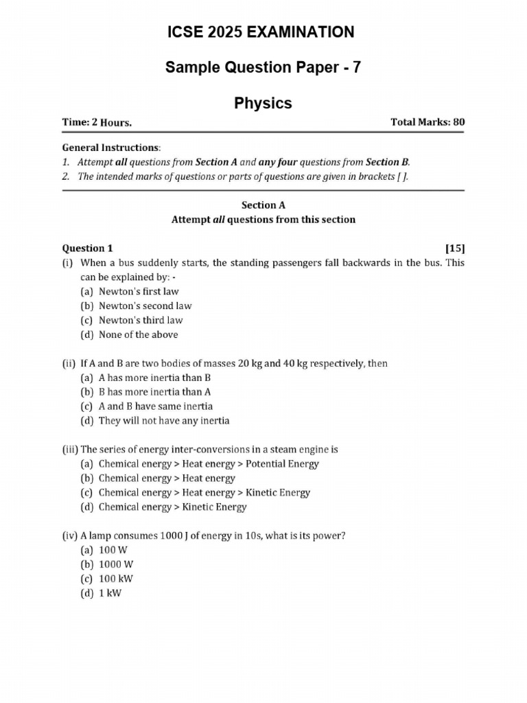 ICSE Class X Physics Sample Paper | PDF