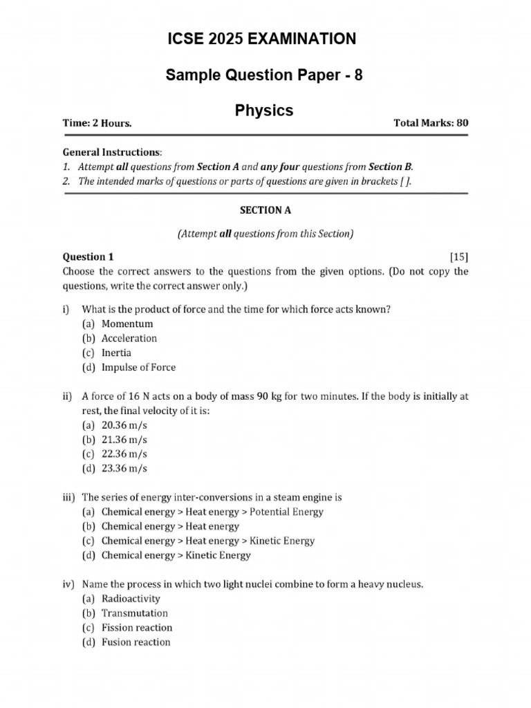 ICSE Class X Physics Sample Paper | PDF