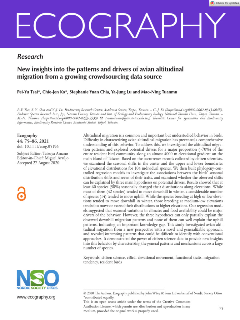 Ecography - 2020 - Tsai - New Insights Into the Patterns and Drivers of Avian Altitudinal ...