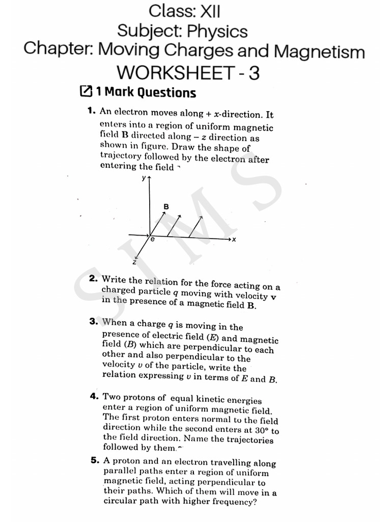 Xii-Moving Charges and Magnetism WS 3 | PDF