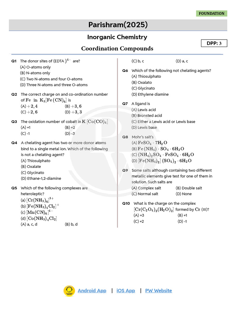 Parishram (2025) : Coordination Compounds | PDF | Coordination Complex | Chelation