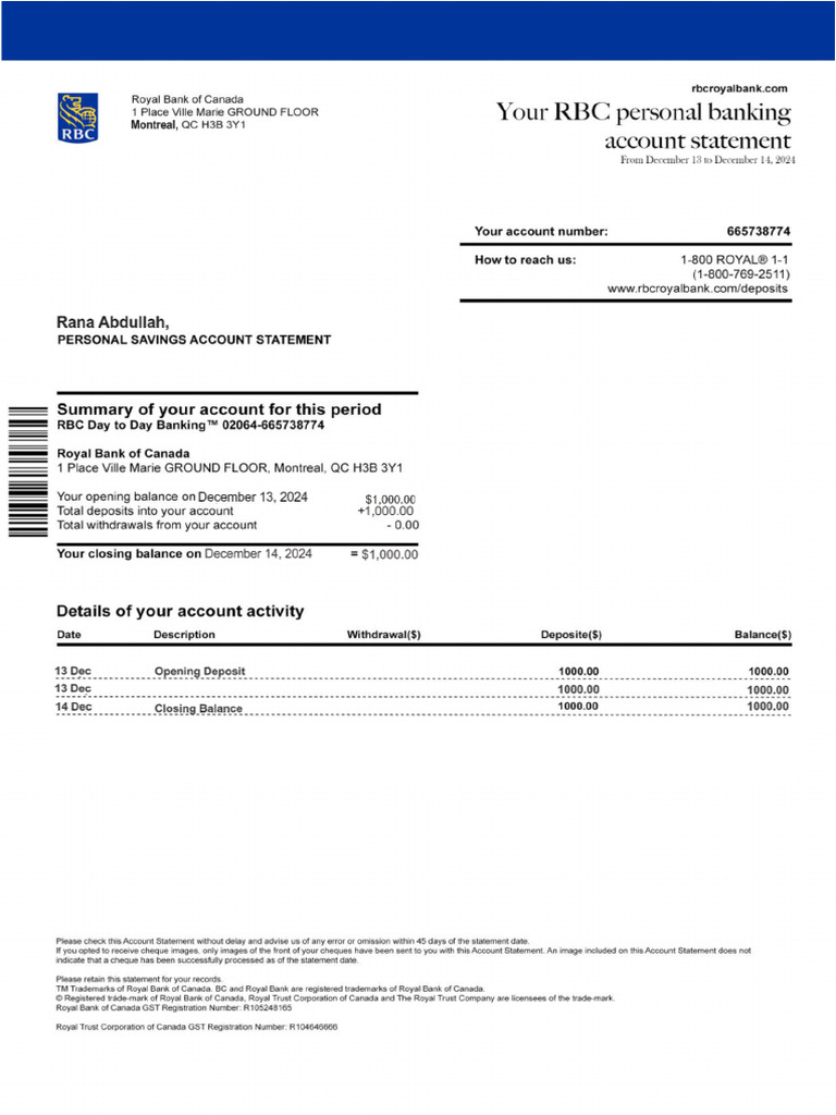 Rana Abdullah RBC Personal Savings Account Statement | PDF