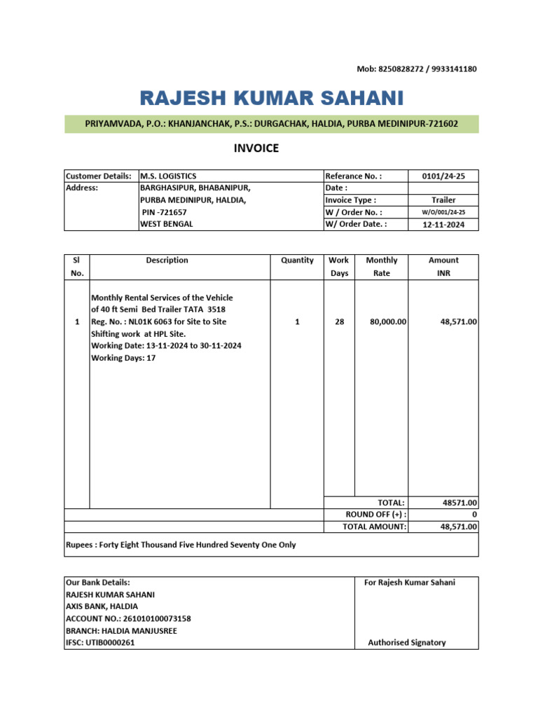 Logistics Bill for Trailer Services | PDF