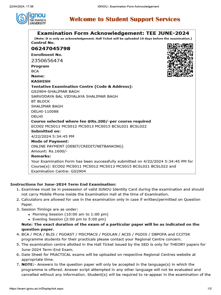 IGNOU__ Examination Form Acknowledgement | PDF | Banking Technology ...