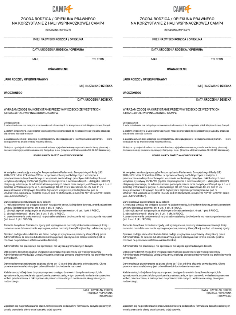 Zgoda Opiekunów Urodziny Camp4 | PDF