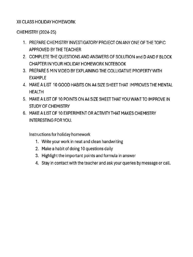 CHEMISTRY HOLIDAY HOMEWORK(1) | PDF