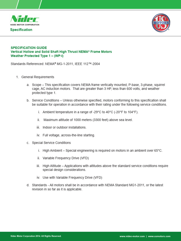 Specification VHS VSS NEMA WPI Motor | PDF | Thermocouple | Building ...