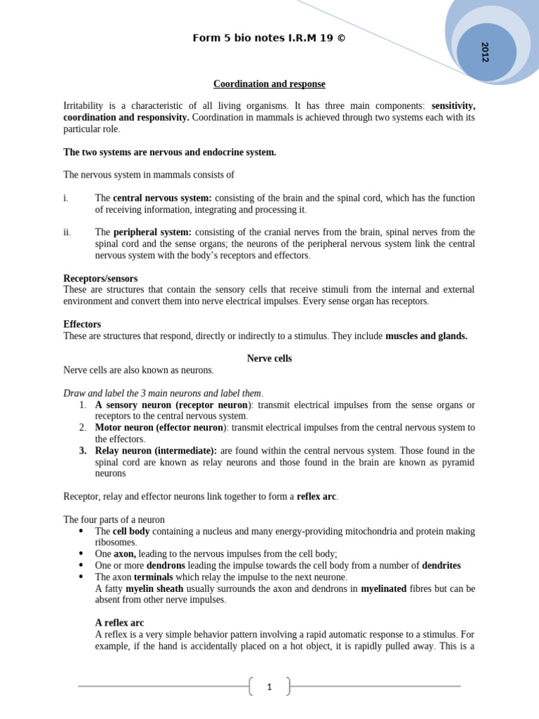 Coordination & Response in Mammals | PDF | Nervous System | Neuron