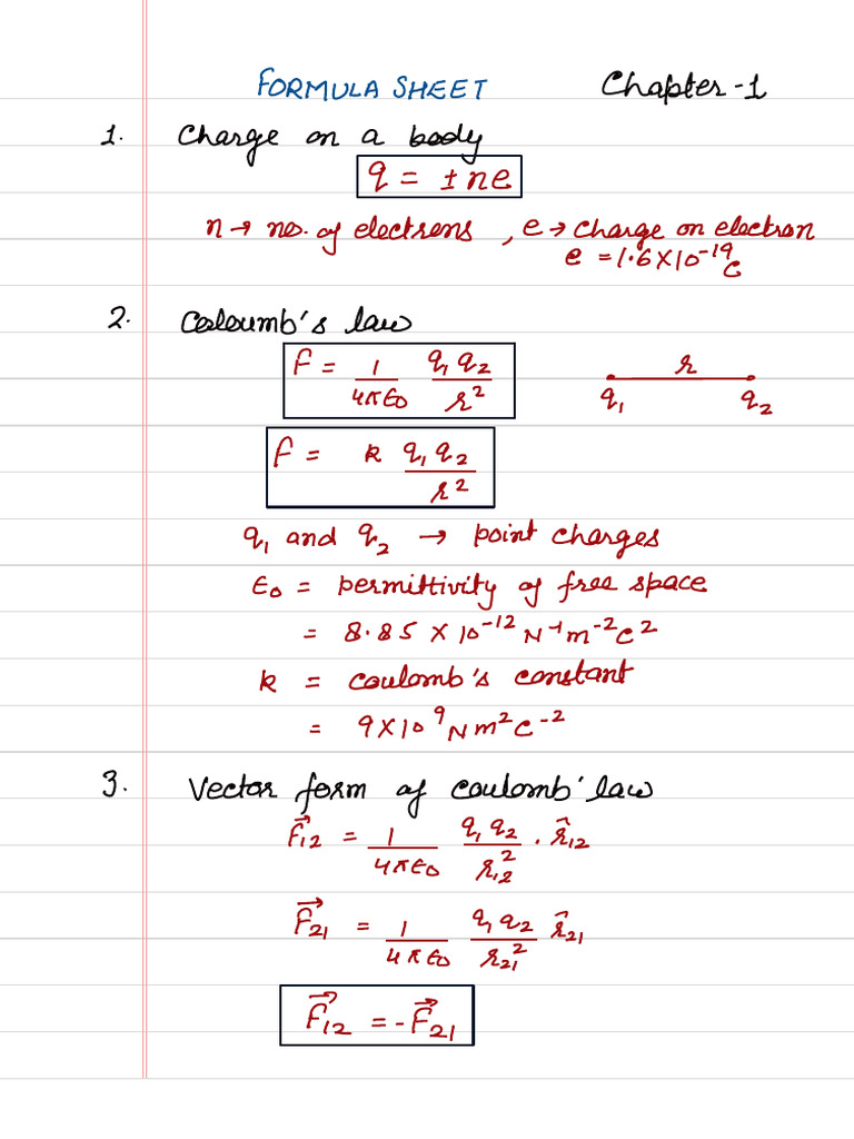Formula Sheet Ch.1 Class 12th | PDF