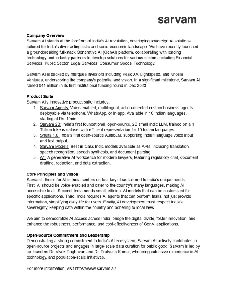 Sarvam AI - One Page Introduction | PDF | Artificial Intelligence | Intelligence (AI) & Semantics