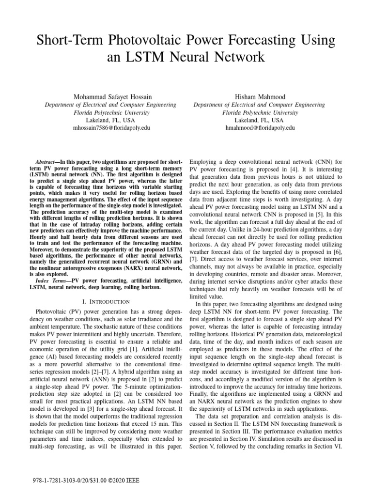 Short-Term Photovoltaic Power Forecasting Using An LSTM Neural Network | PDF | Forecasting ...