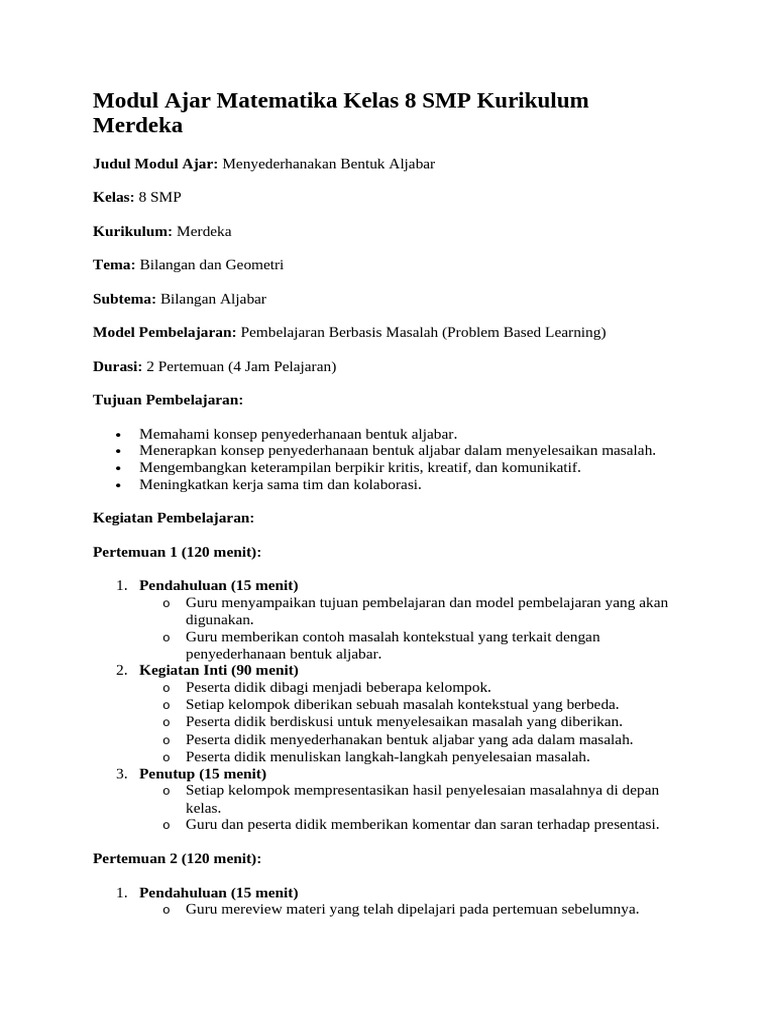 Rancangan Modul Ajar Matematika Kelas 8 SMP Kurikulum Merdeka | PDF