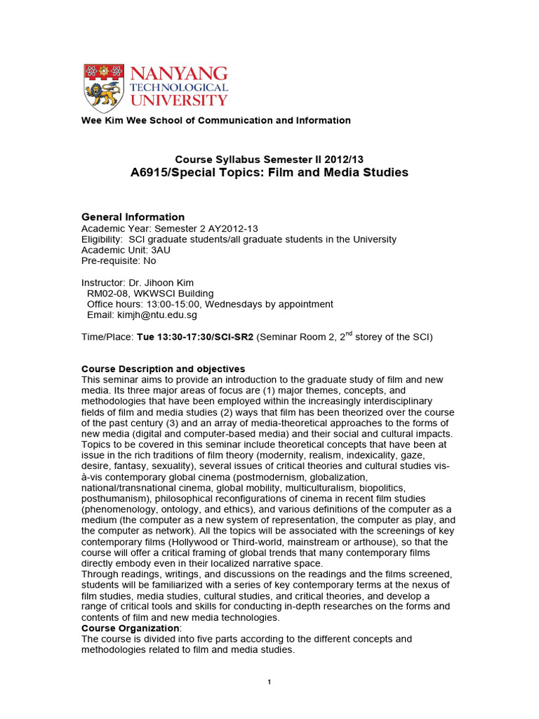 Course Syllabus Special Topic Film and M | PDF