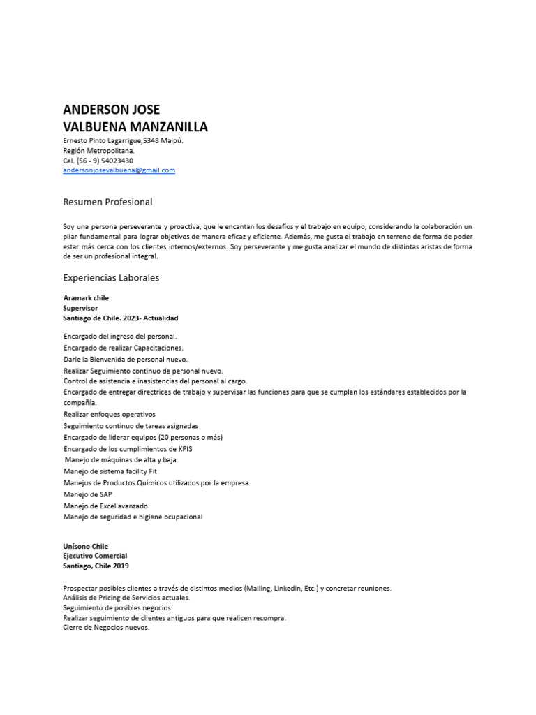 Anderson Jose Valbuena Manzanilla: Resumen Profesional | PDF