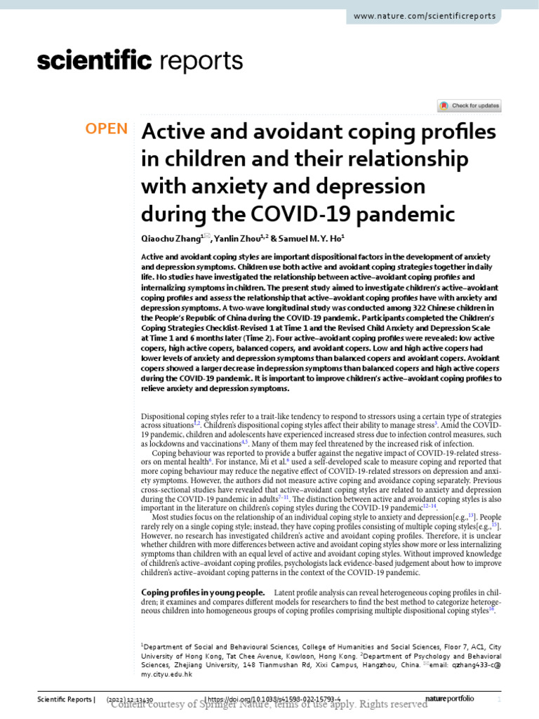 Active and Avoidant Coping Profiles in Children An | PDF | Stress ...