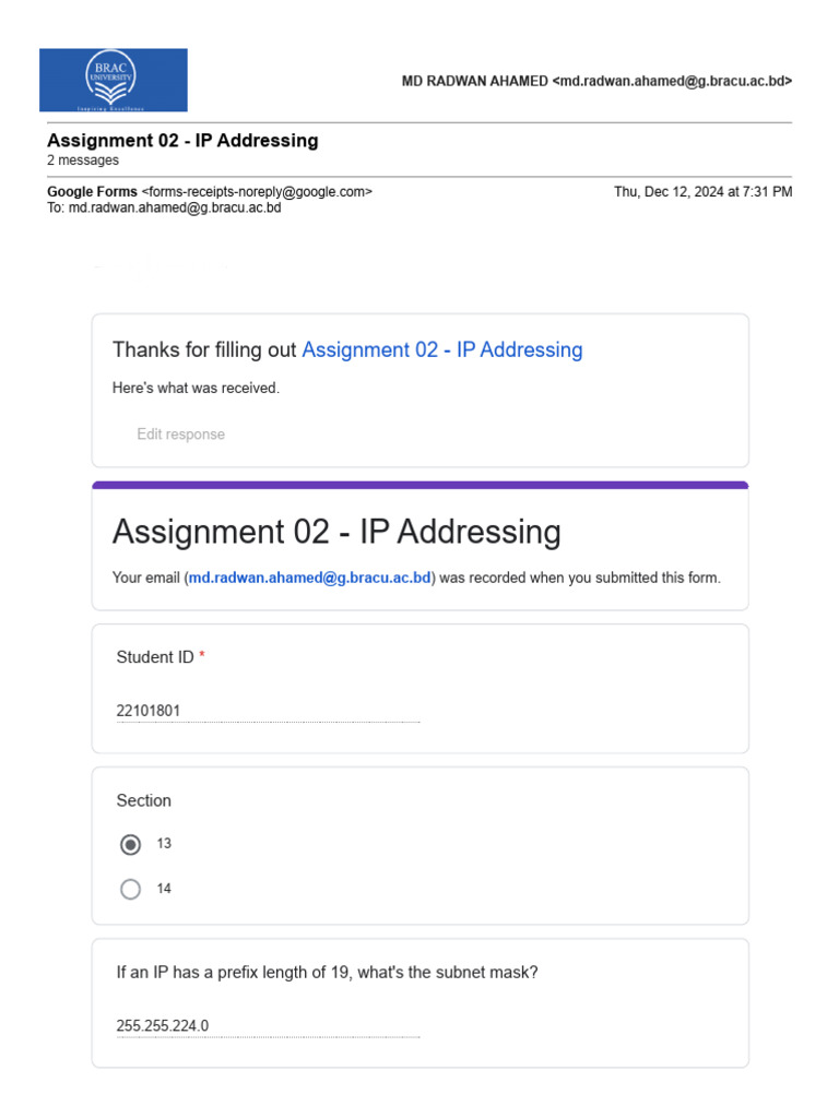 BRAC University Mail - Assignment 02 - IP Addressing | PDF | Ip Address | I Pv6