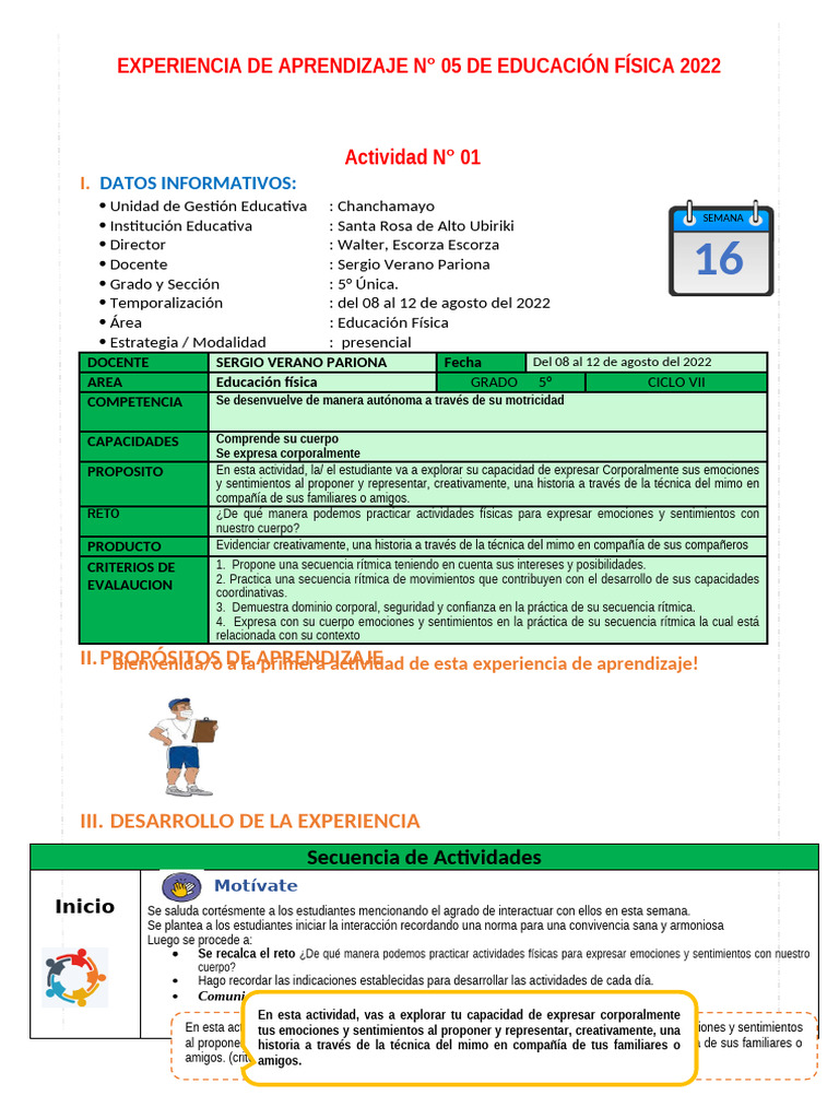 ACTIVIDAD FISICA 5TO - Sergio Verano Pariona | PDF | Las emociones ...