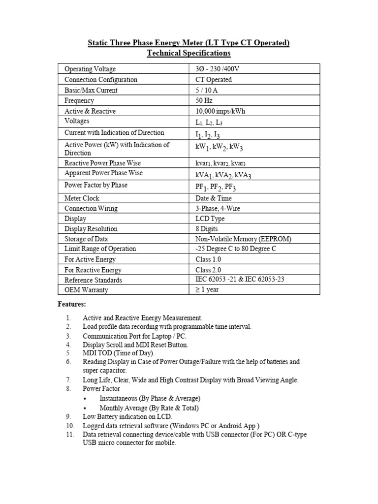 Static Three Phase Energy Meter Specs | PDF | Ac Power | Usb