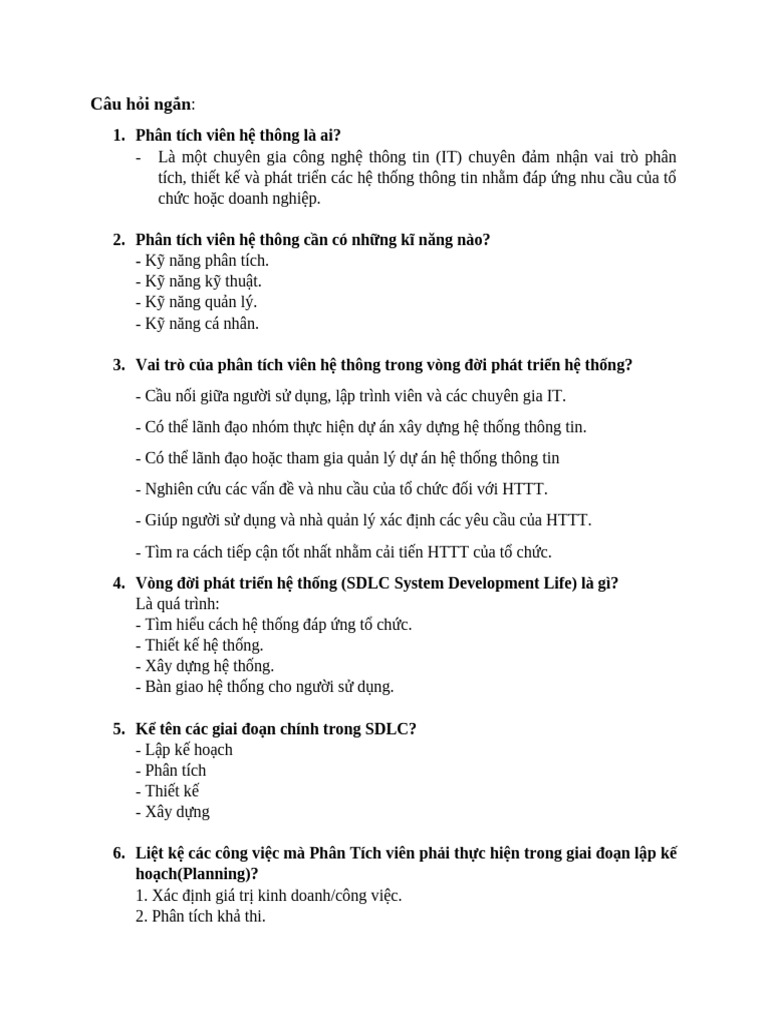 Câu hỏi ngắn PTTK HT | PDF