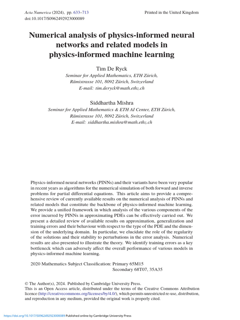 Numerical Analysis Of Physics Informed Neural Networks And Related Models In Physics Informed