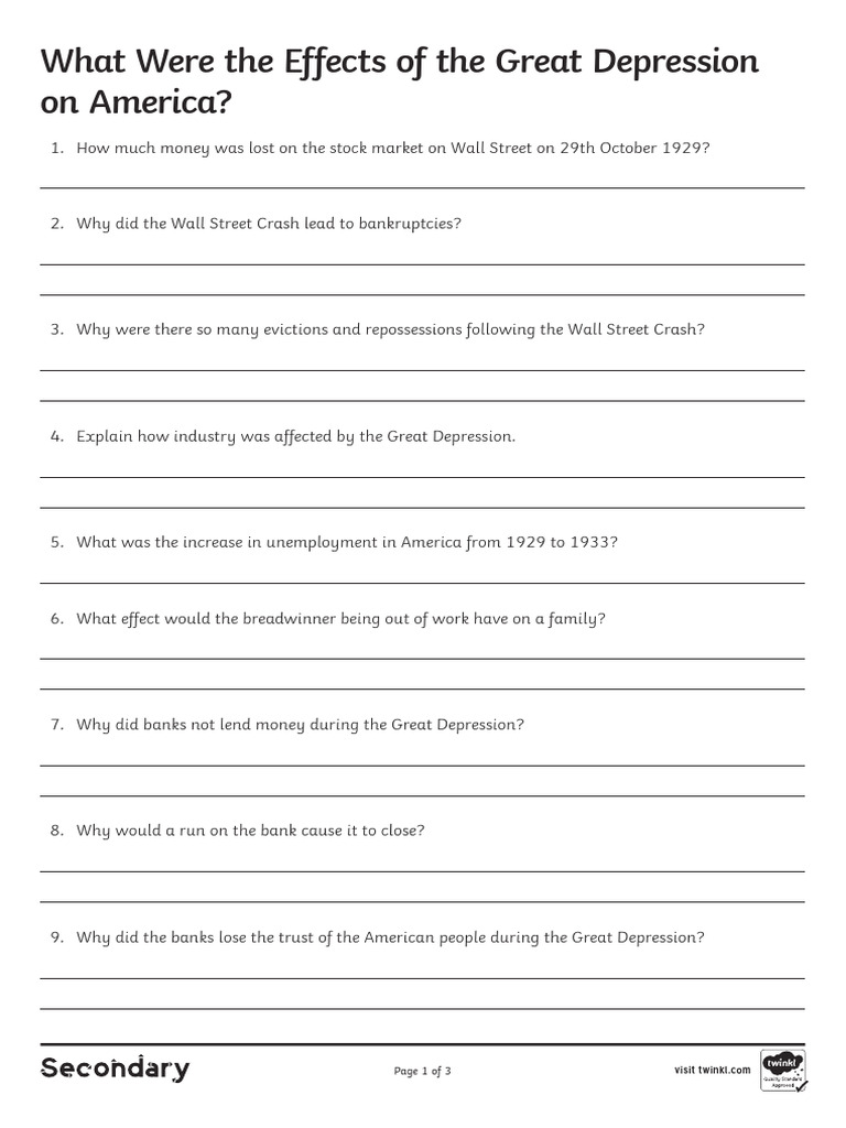 The Great Depression Question Sheet | PDF