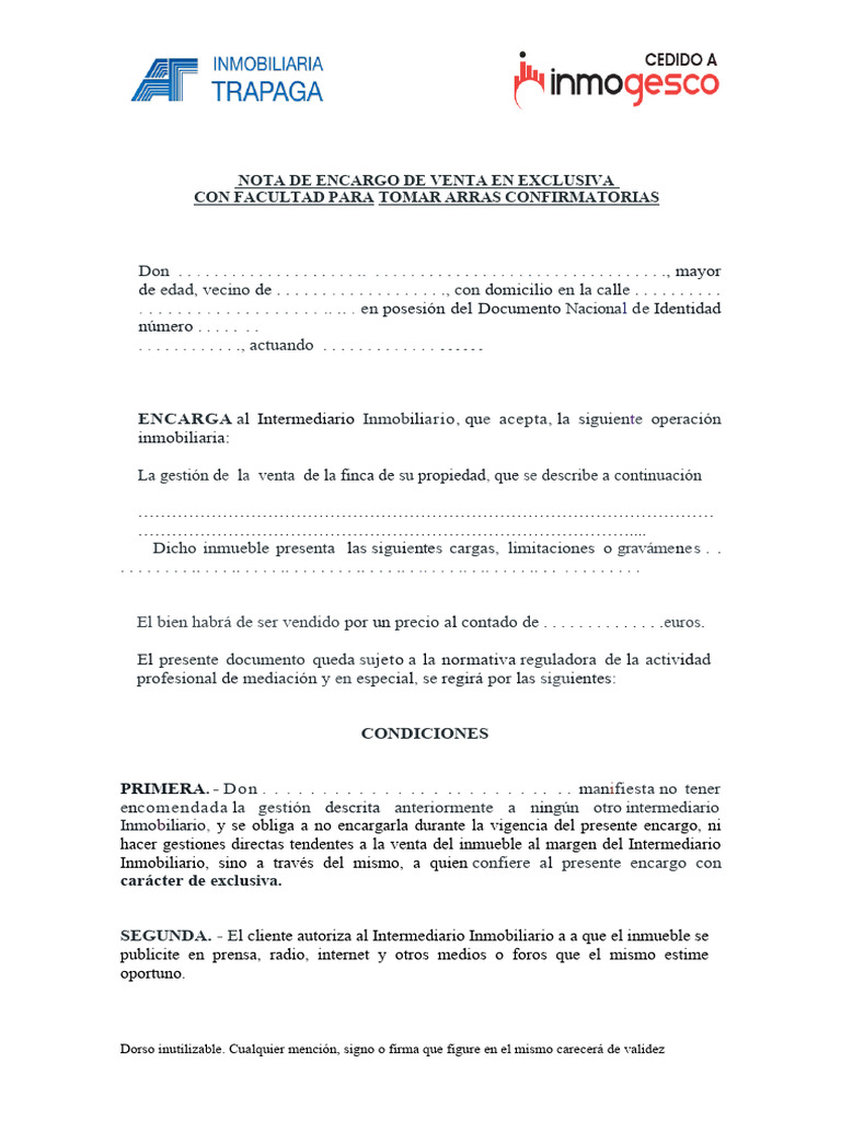 nota-de-encargo-inmobiliaria-exclusiva | PDF | Bienes raíces