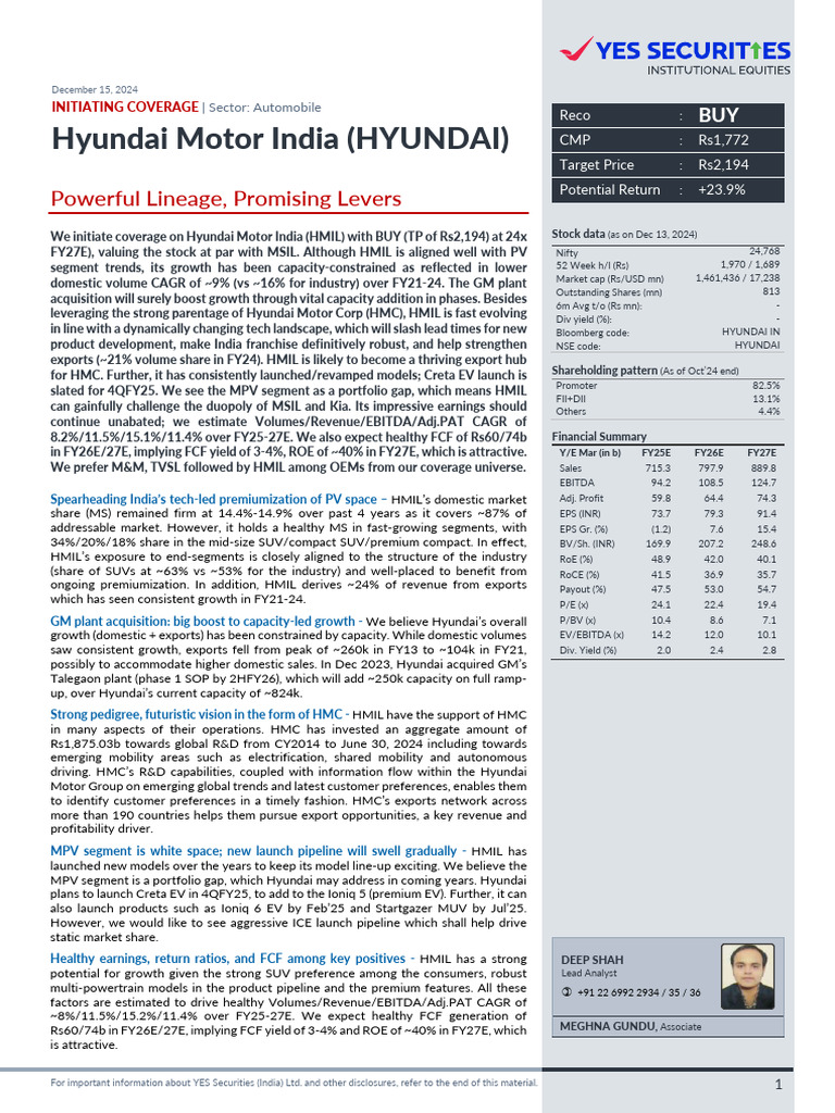 Yes Securities Initiating Coverage On Hyundai Motor India, With | PDF ...