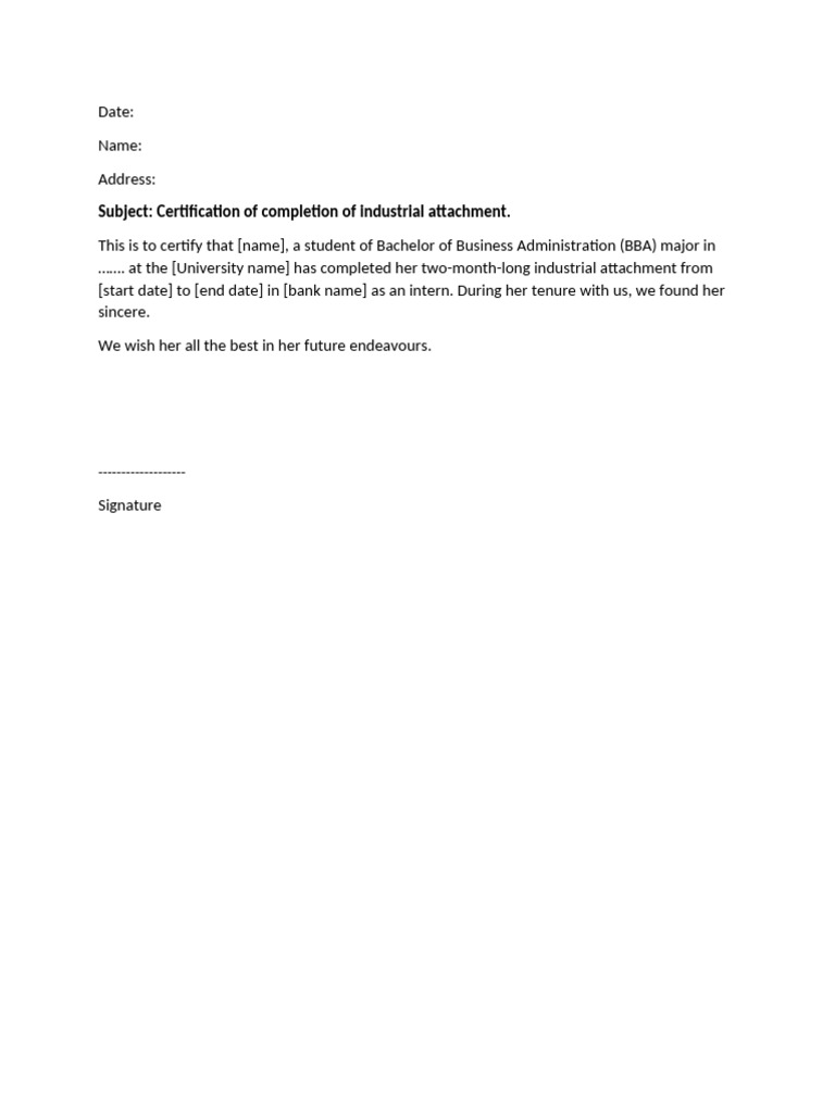 Industrial Attachment Completion Certificate | PDF